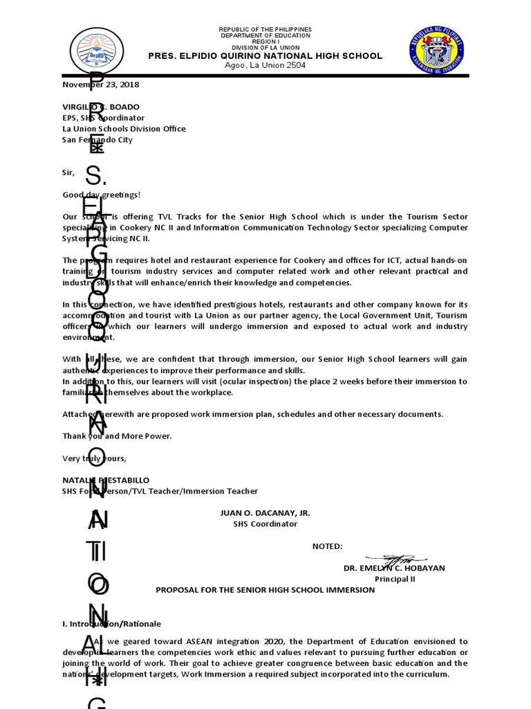 Senior High School Work Immersion Proposal | PDF