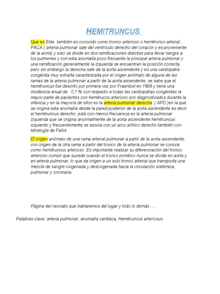 Hemitruncus Arterioso: Anomalía Cardiaca Rara | PDF | Ventrículo ...