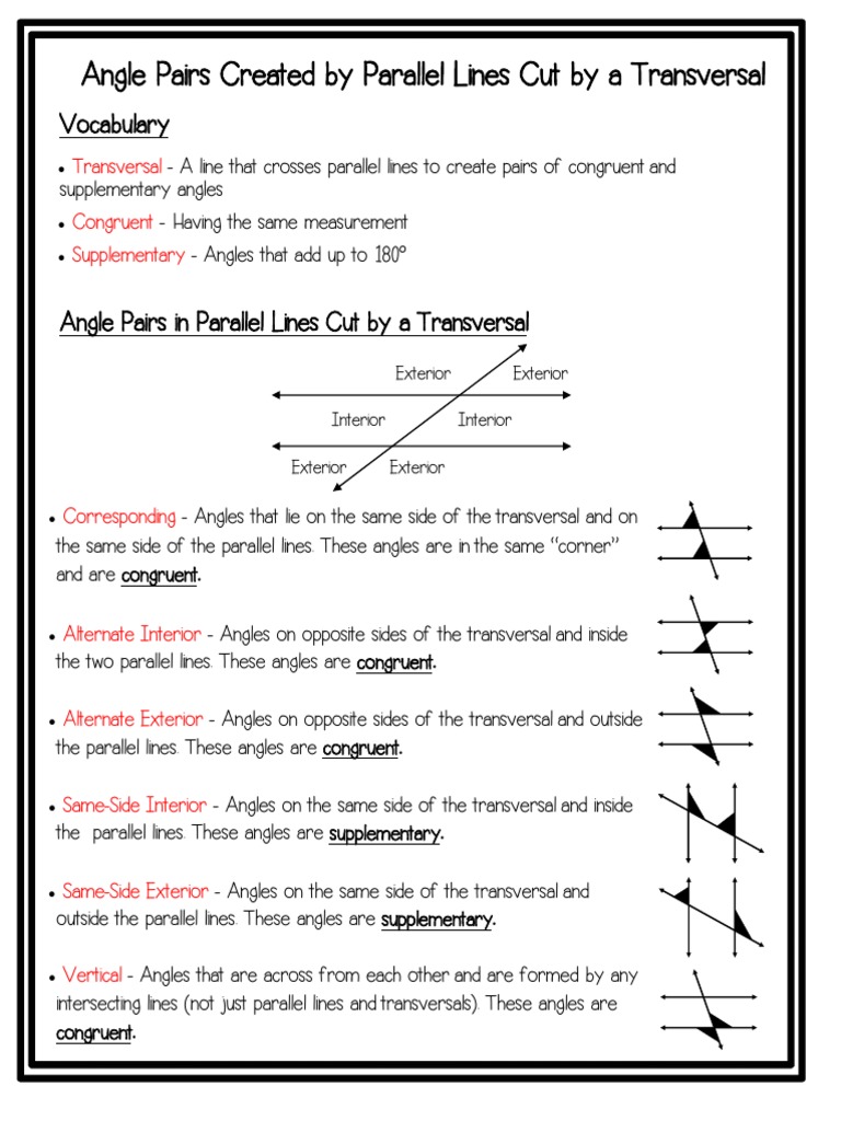 Key Transversal Notes Worksheets | PDF | Angle | Geometry
