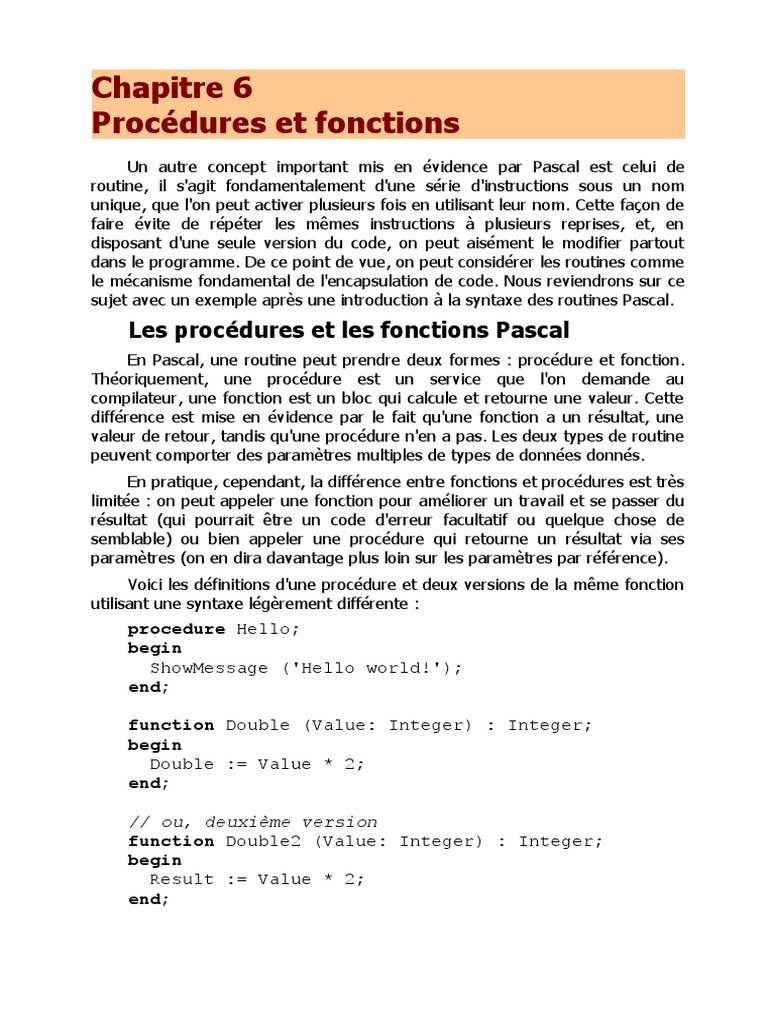 Routines en Pascal : Procédures et Fonctions | PDF | Pointeur (programmation) | Programmation ...