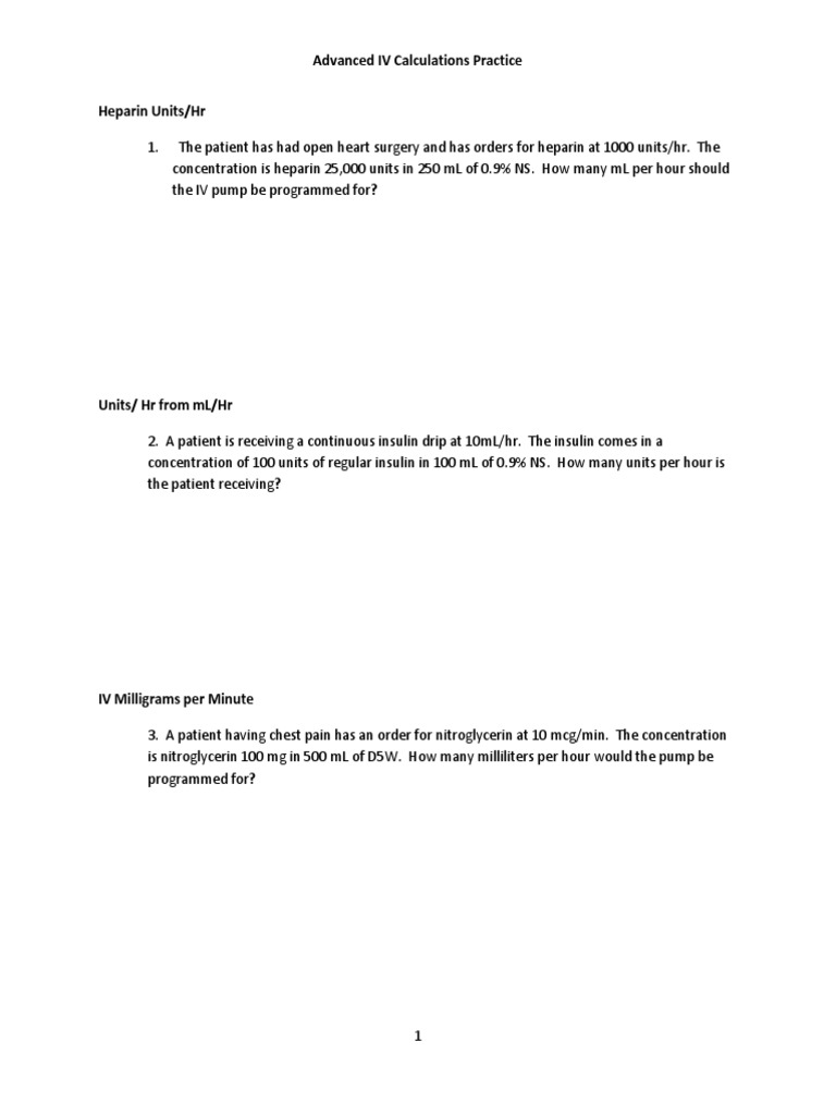 Advanced IV Calculations Work Sheet-1 | PDF | Science & Mathematics