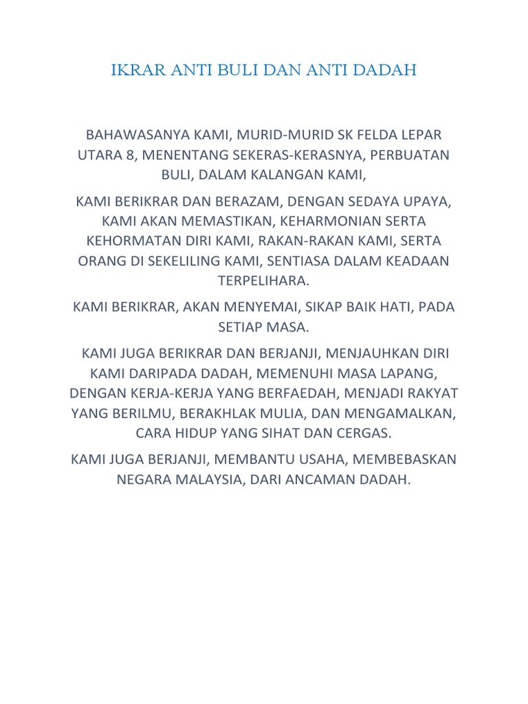 Ikrar Anti Buli dan Dadah SK Felda Lepar | PDF | Kesehatan Holistik