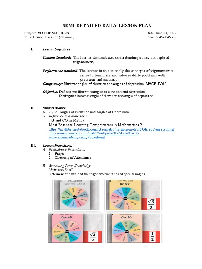 Daily Math Lesson on Angles of Elevation and Depression | PDF ...