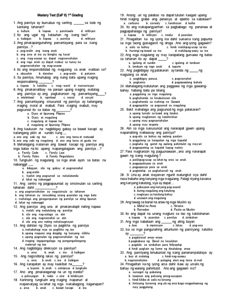 Mastery Test (1st Grading) - ESP 8 | PDF