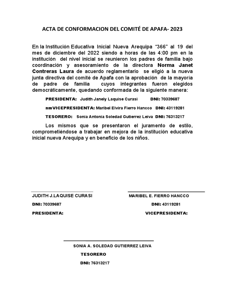 Acta de Conformacion Del Comité de Apafa | PDF