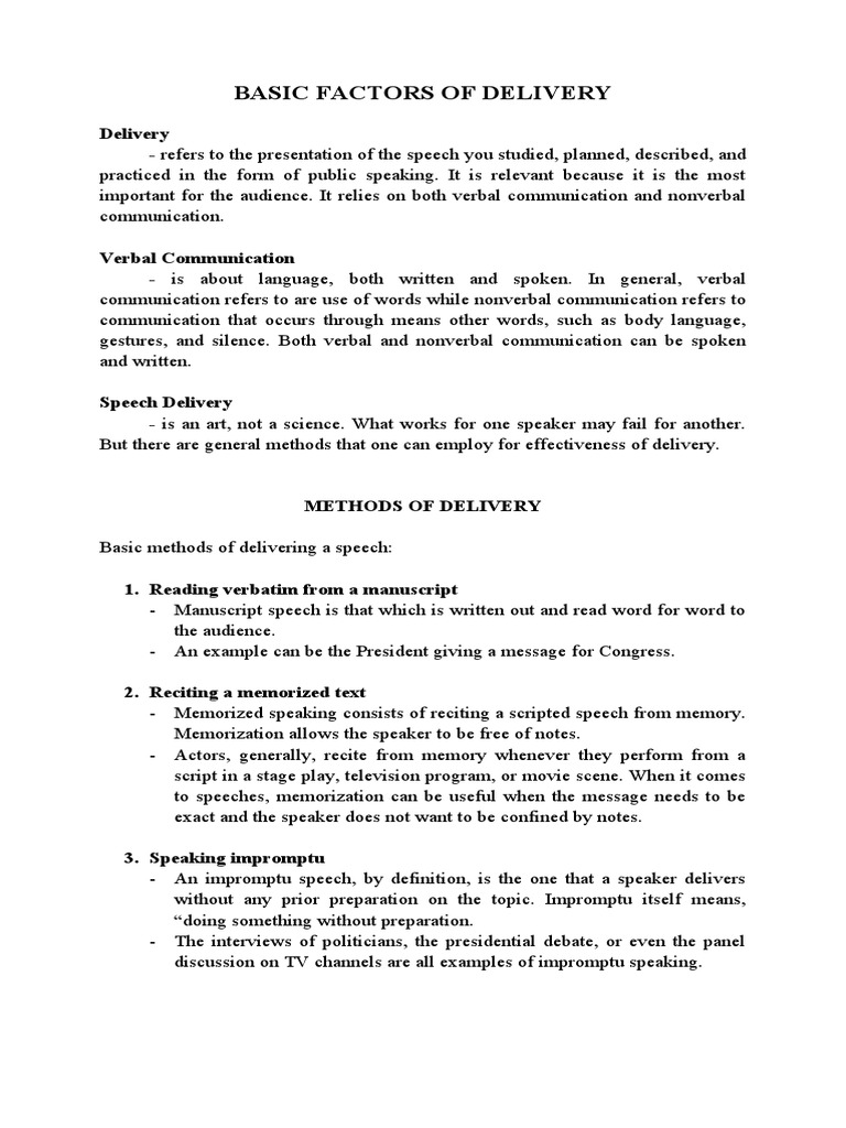 Basic Factors of Delivery | PDF | Communication | Nonverbal Communication