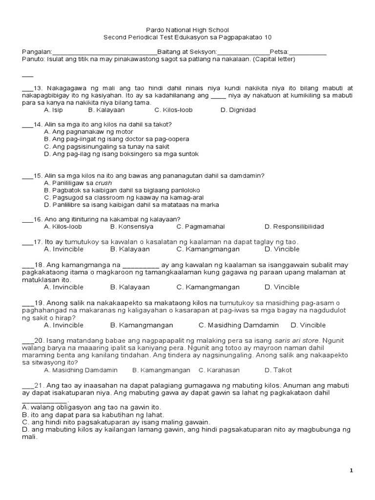 2ND Q EsP10 EXAM 2022 2023 | PDF