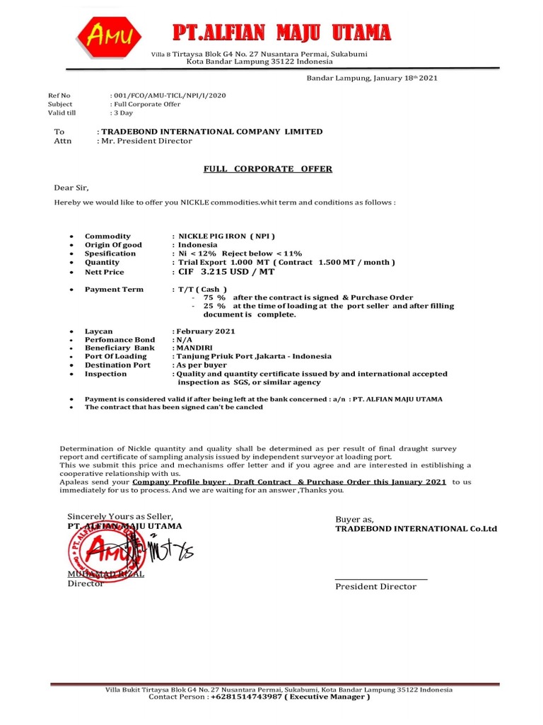 Nickel Pig Iron Offer to Tradebond | PDF | Business | Business Process