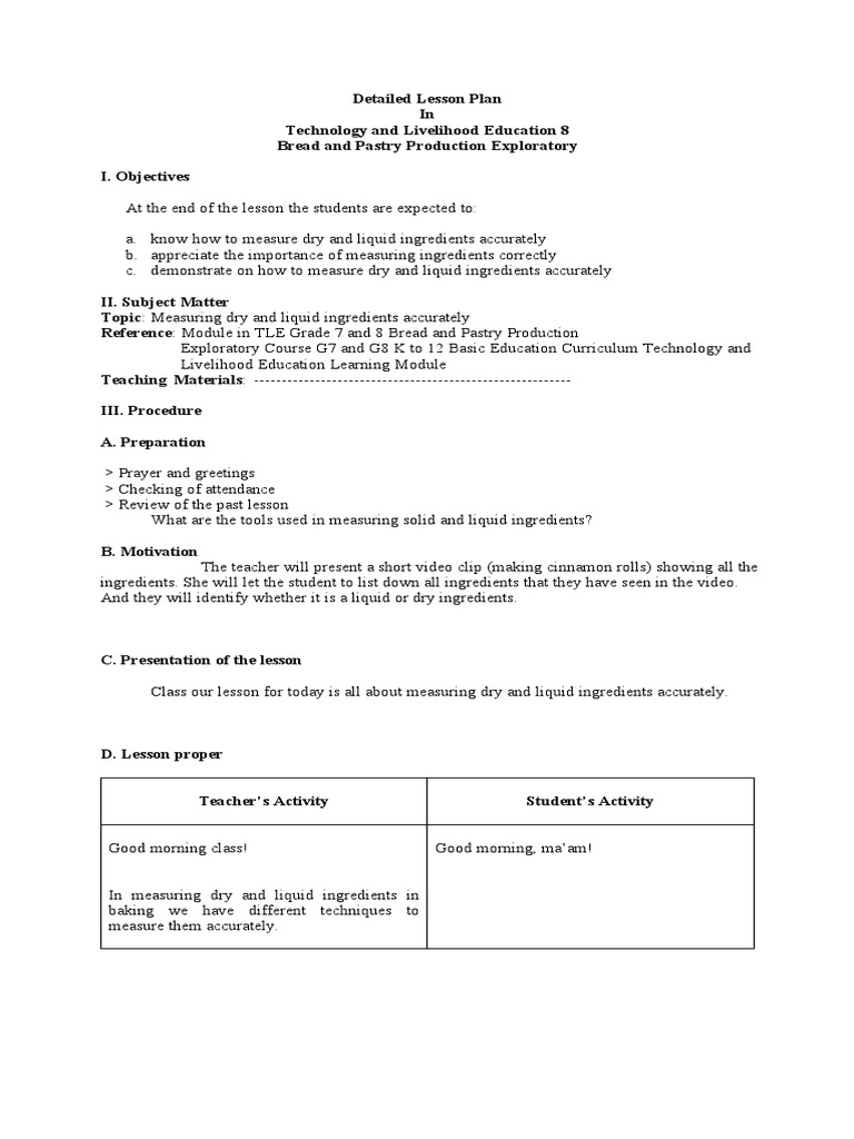 Measuring Dry and Liquid Ingredients Accurately | PDF | Flour | Lesson Plan