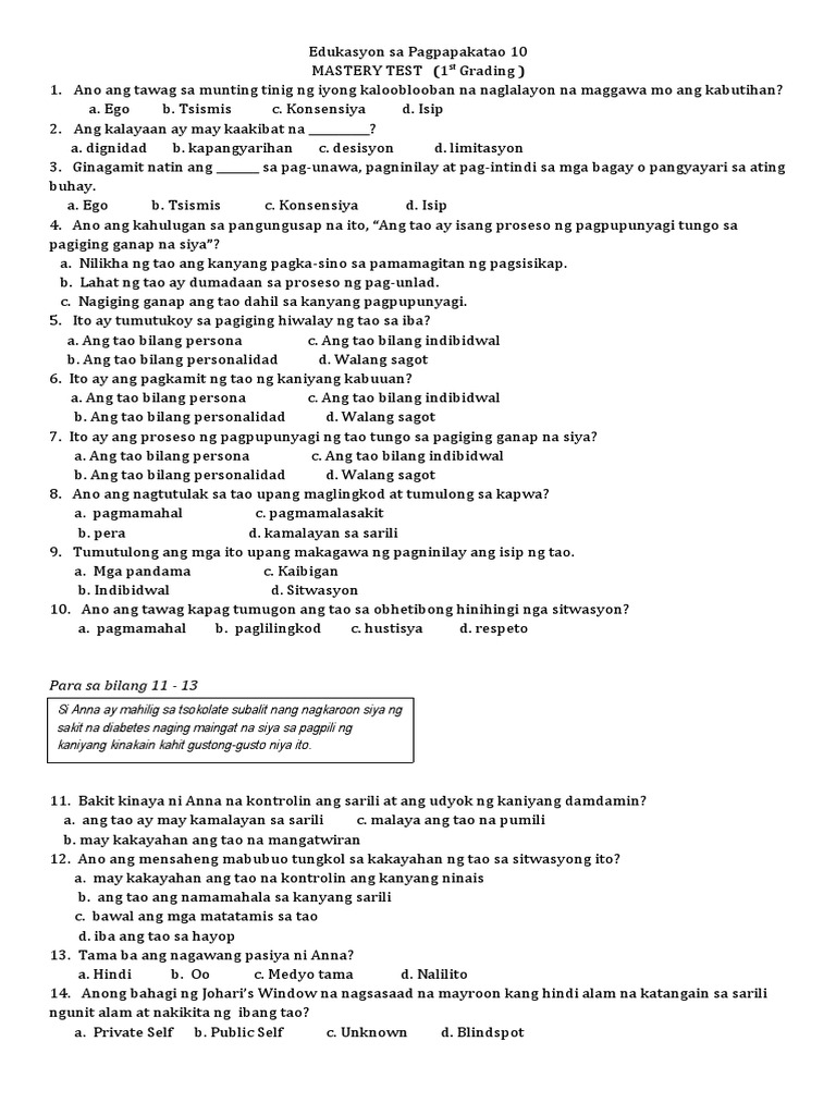 Mastery Test ESP 10 | PDF