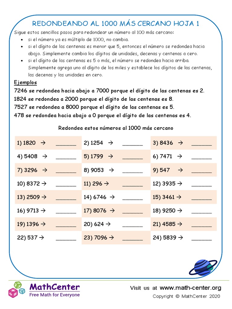 Redondeando Al 1000 Más Cercano Hoja 1 | PDF