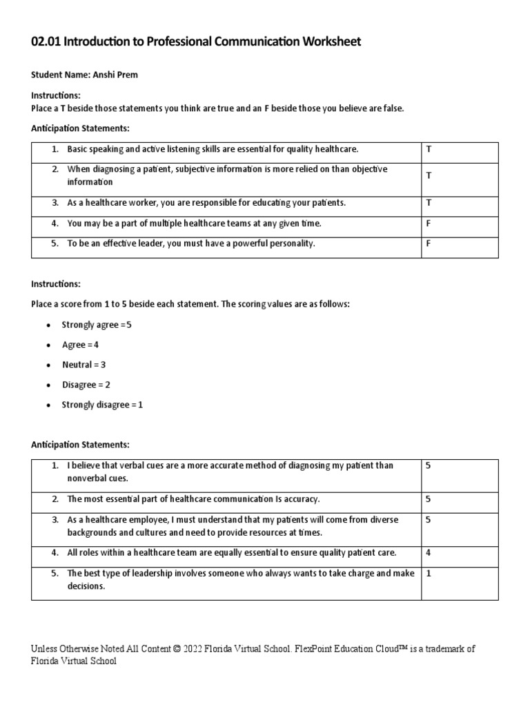 02.01 Introduction to Professional Communication Worksheet | PDF