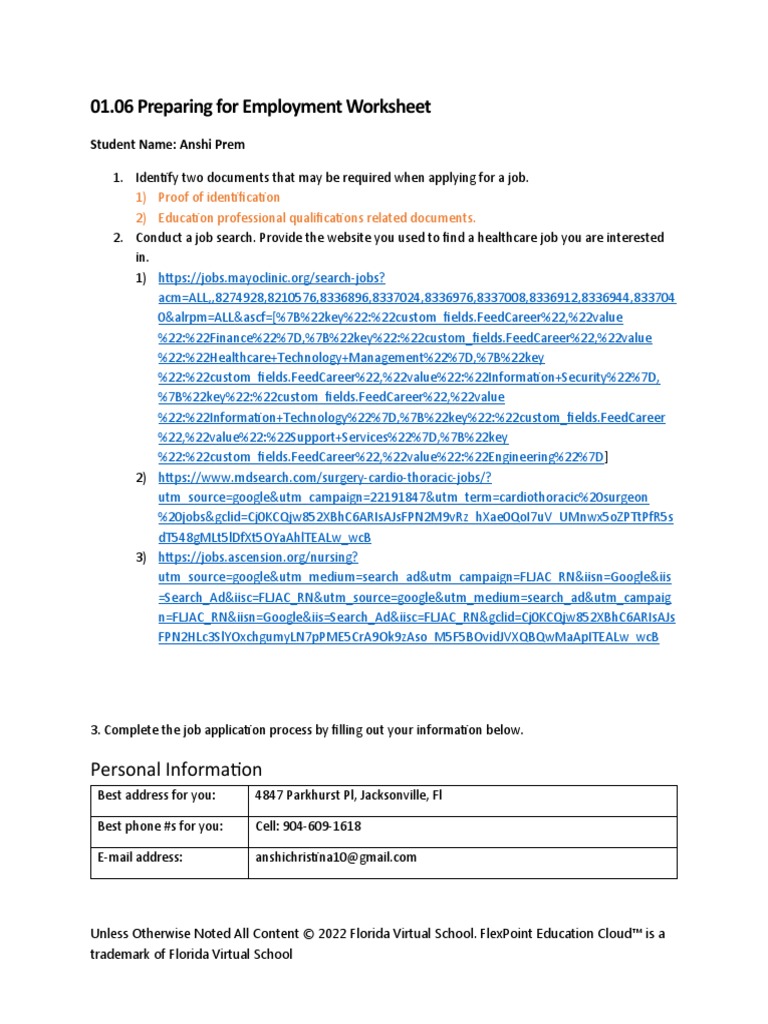 01.06 - Preparing For Employment Worksheet | PDF | Internship | Job Hunting