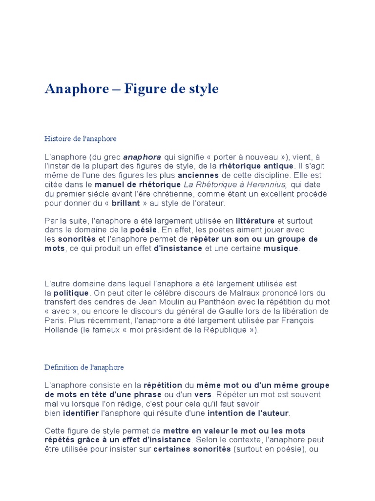 L'Anaphore : Définition et Exemples | PDF | Rhétorique