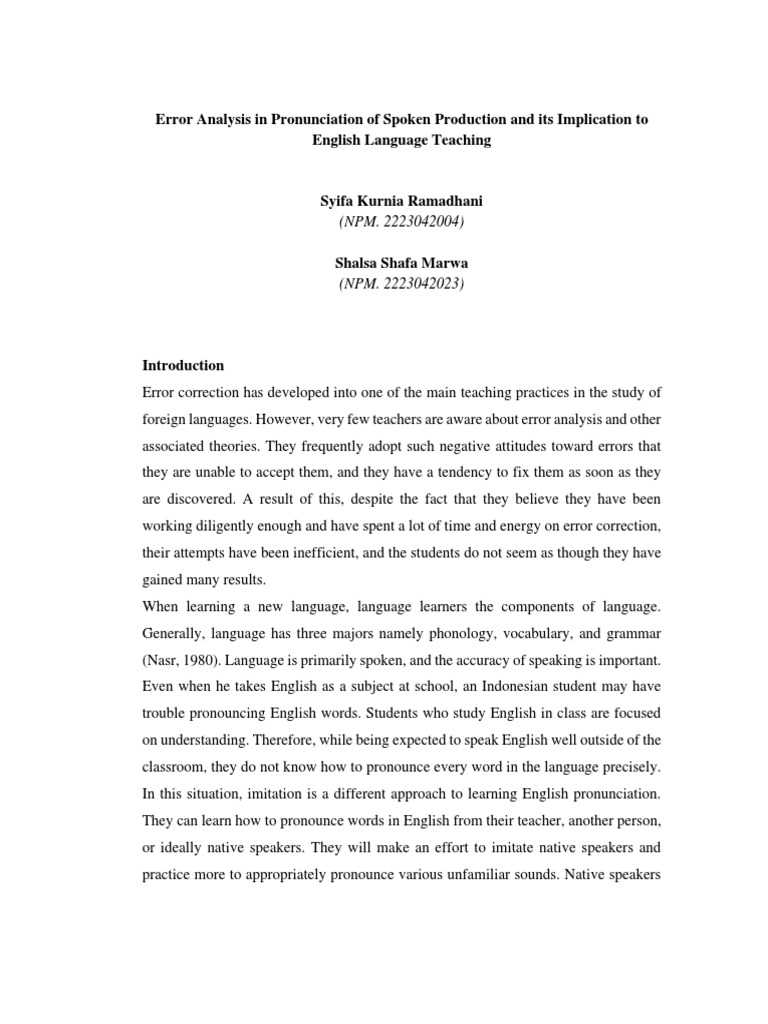 Error Analysis in English Pronunciation | PDF | English As A Second Or ...