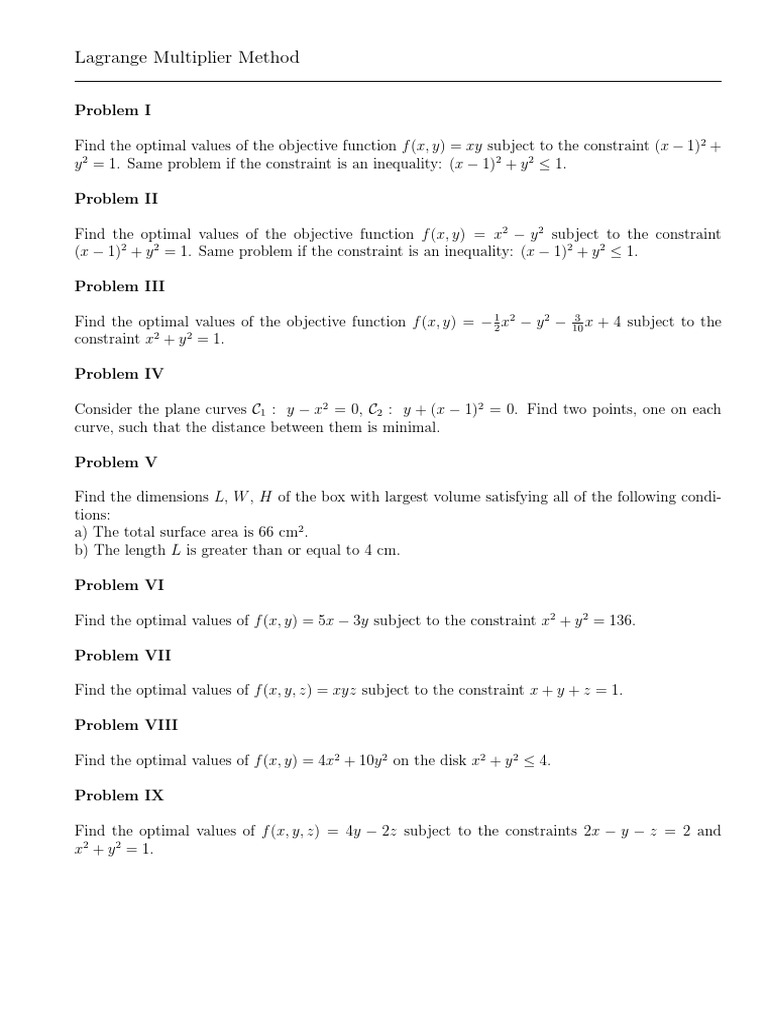 Lagrange Multiplier Optimization Problems | PDF