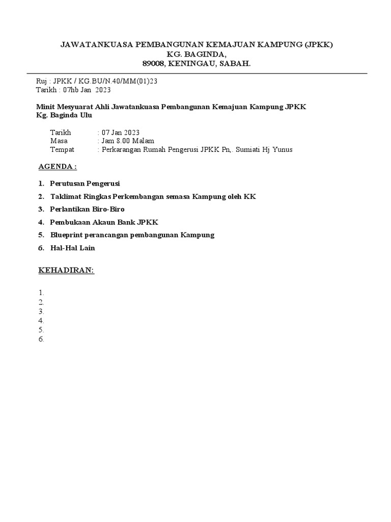 CONTOH MINIT Mesyuarat | PDF