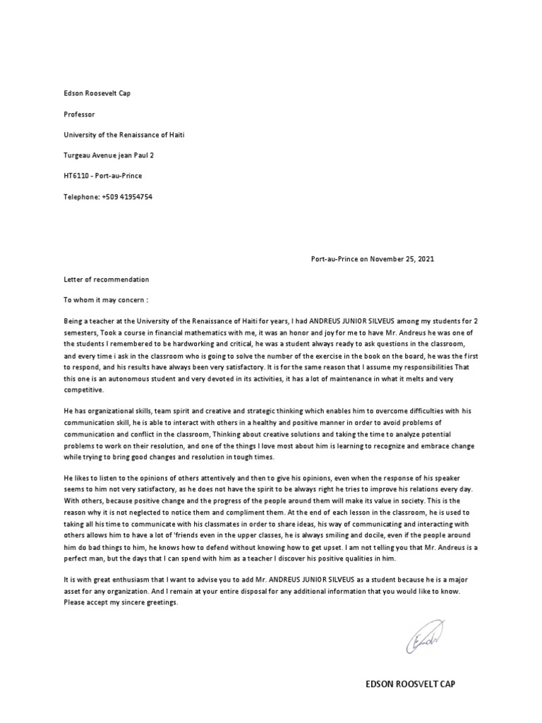 Recommendation for Andreus Junior Silveus | PDF | Learning | Cognition