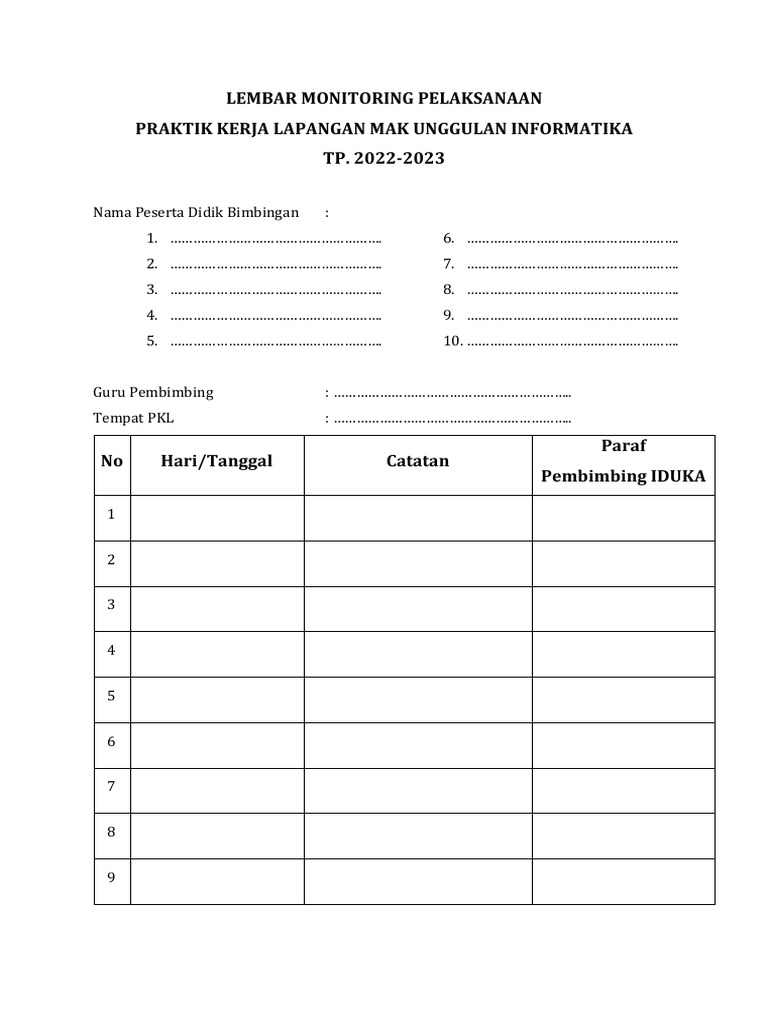 Lembar Monitoring PKL | PDF