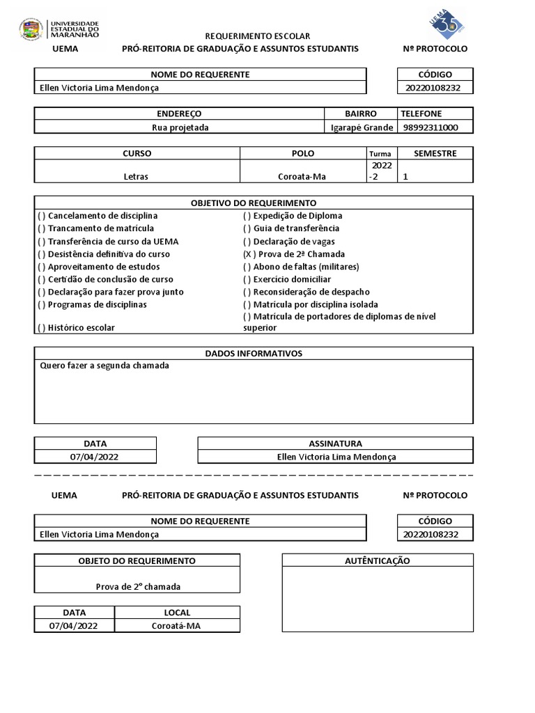 Requerimento Escolar | PDF | Estágios educacionais