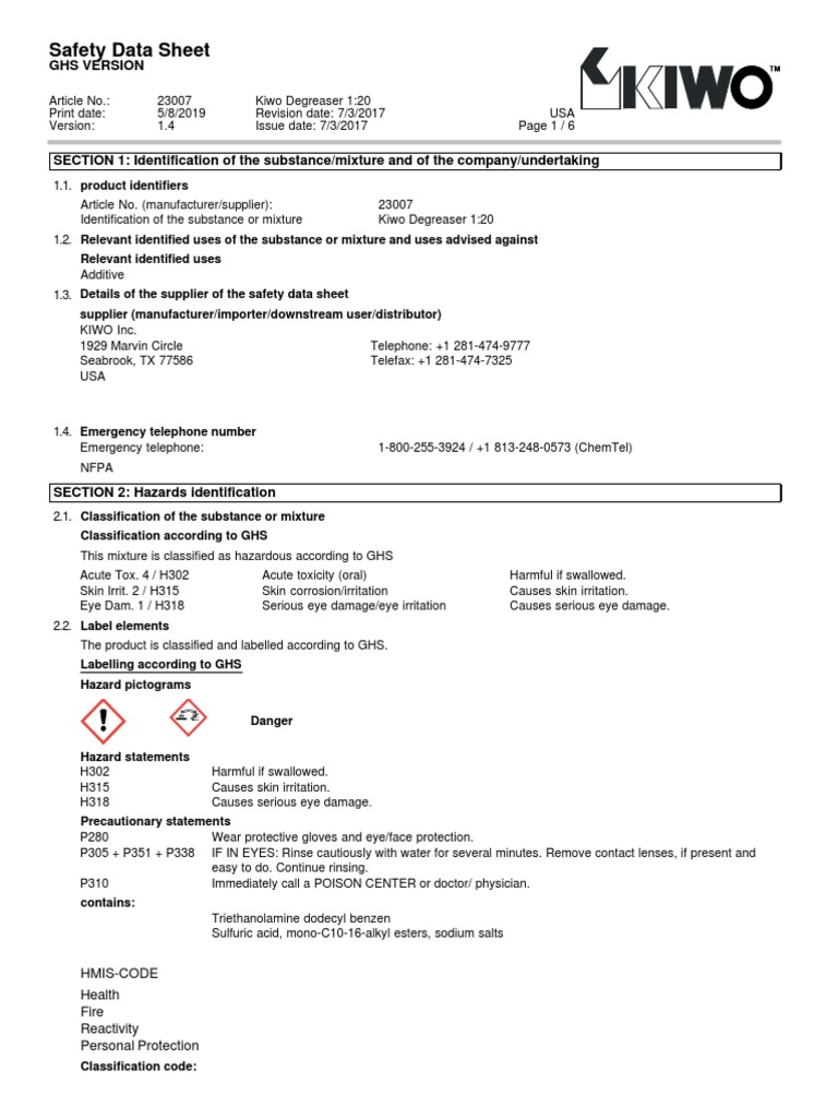 Kiwo Degreaser 1:20 SDS | PDF | Toxicity | Occupational Safety And Health