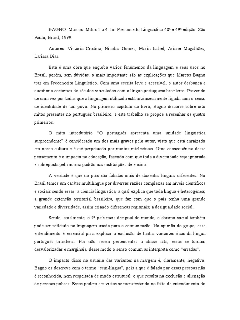 Resenha Preconceito Linguistico Feito | PDF | Gramática | Linguística