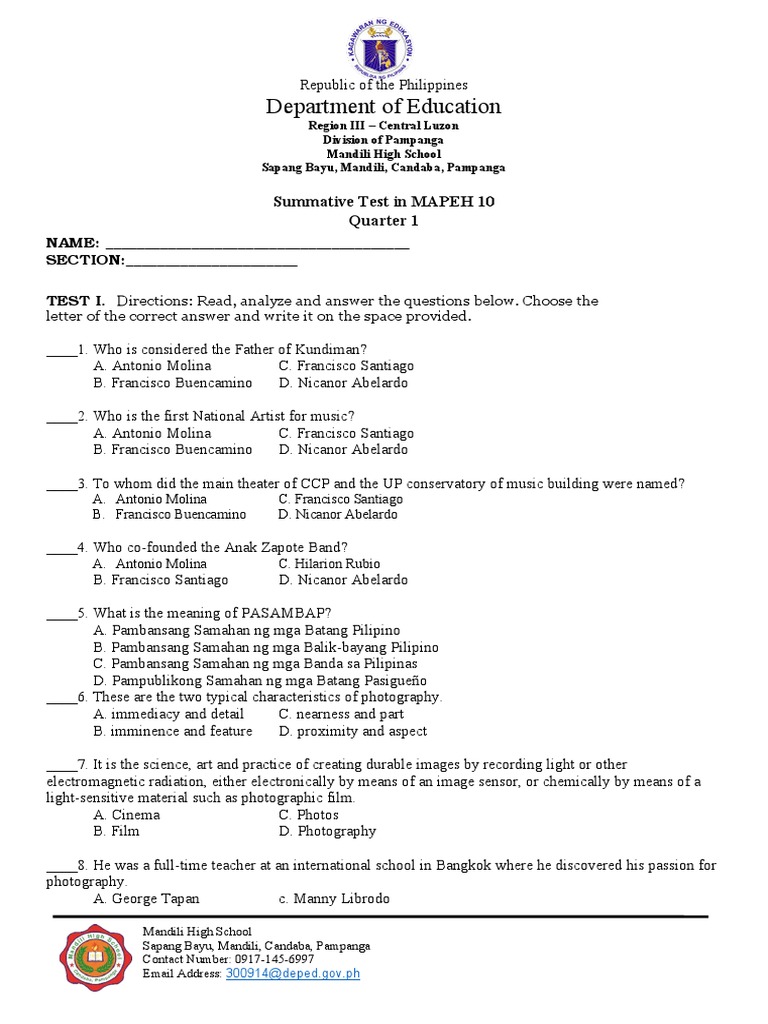 Summative Test in MAPEH 10 1st and 2nd Quarter | PDF | Malaria ...