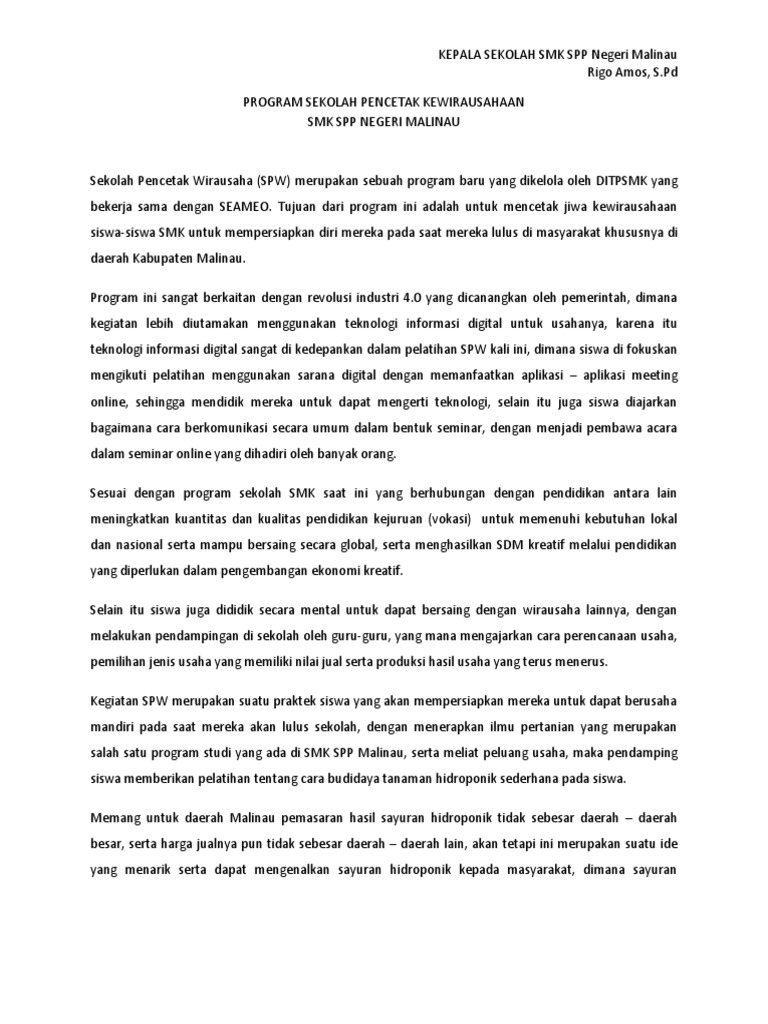 Program Sekolah Pencetak Kewirausahaan (Kepala Sekolah SMK SPP) | PDF