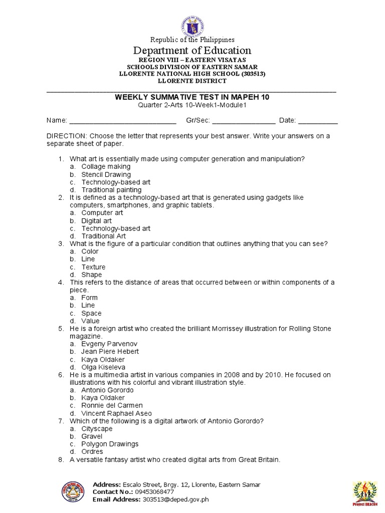 MAPEH 10 Weekly Test: Arts Module 1 | PDF | Social Science