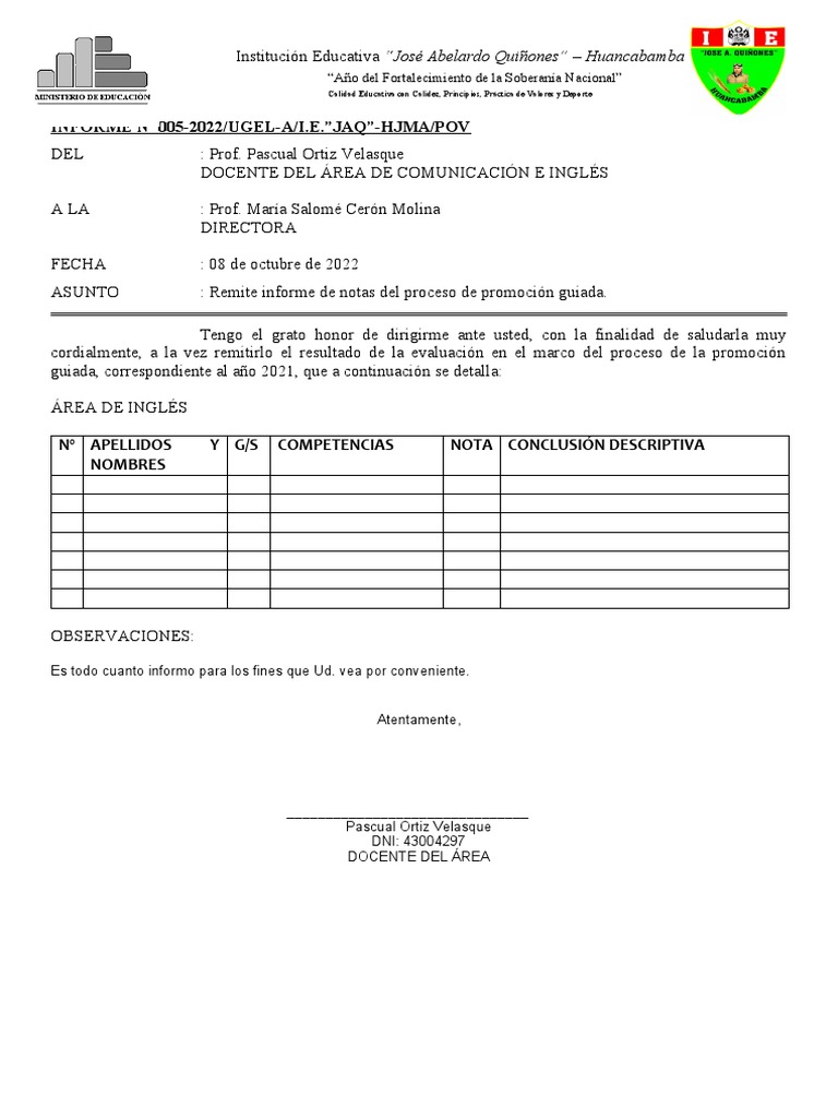 Formato Informe de Promocion Guiada | PDF