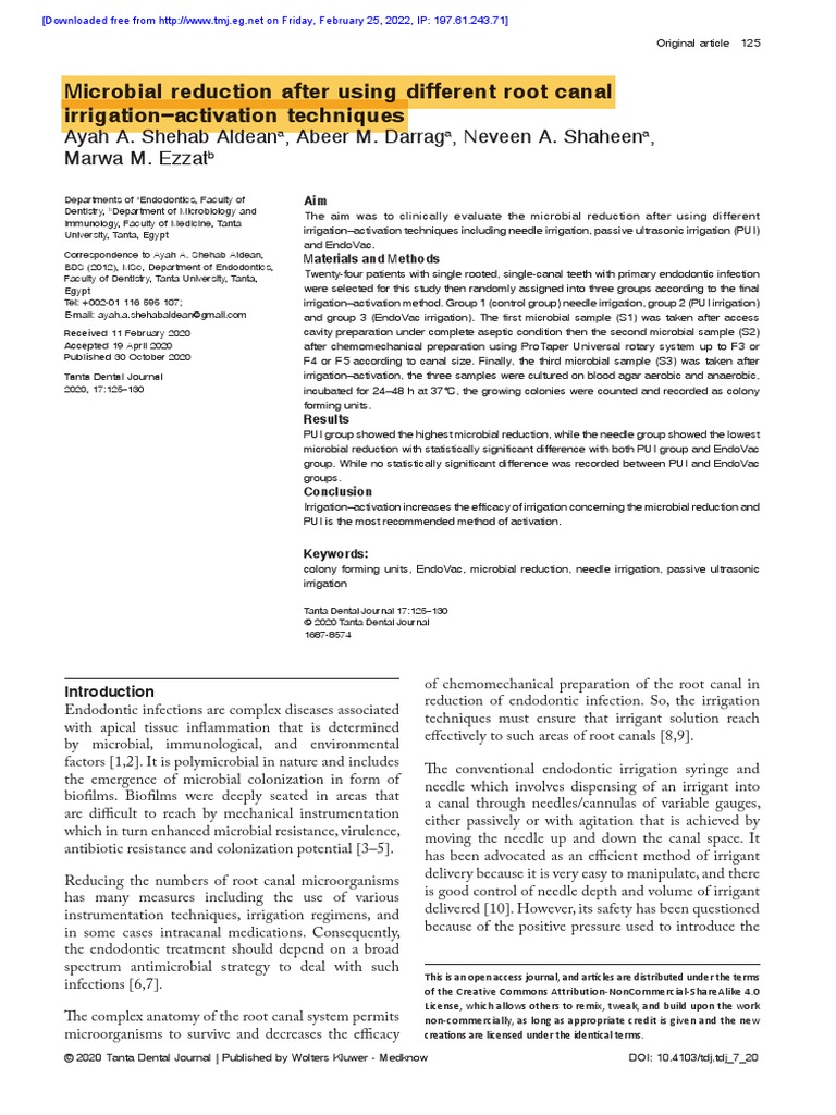 Microbial Reduction After Using Different Root Canal Irrigation ...