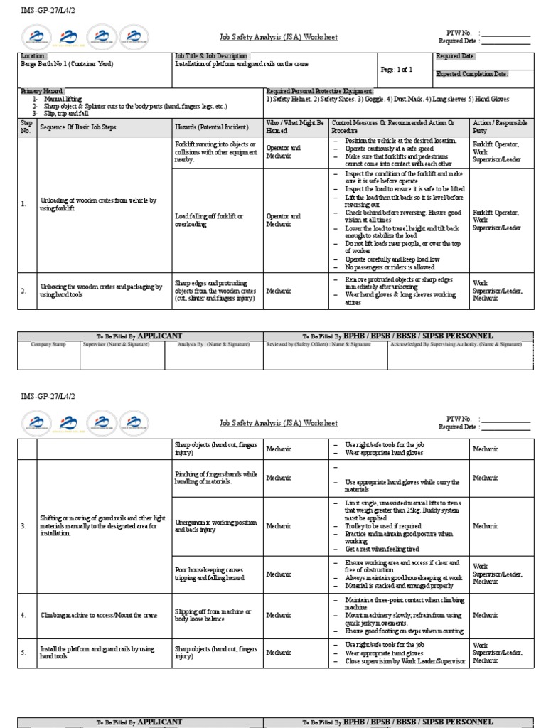 JSA Installation of Platform and Guard Rails On Crawler Crane | PDF | Forklift | Hazards
