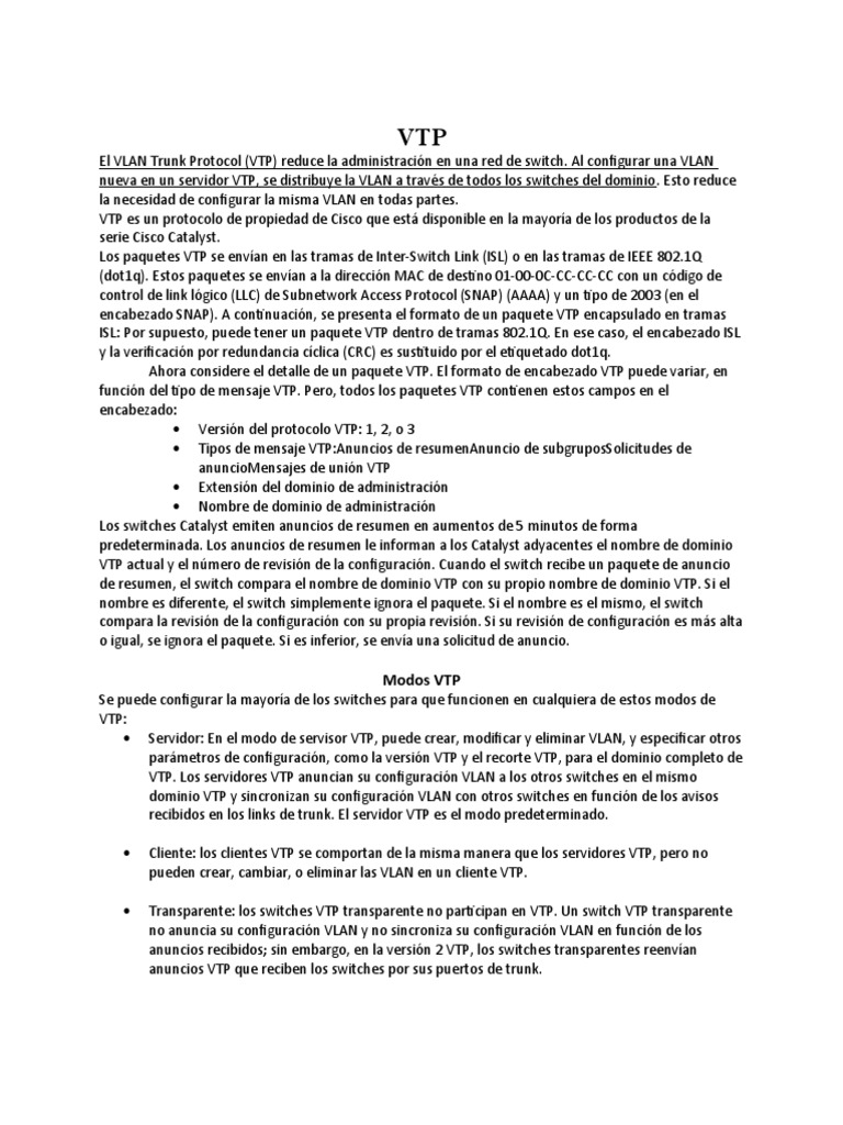 Modos VTP | PDF | Estándares de telecomunicaciones | Protocolos de comunicaciones