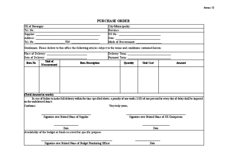 Purchase Order: Item No. Item Description Quantity Unit Cost Amount ...
