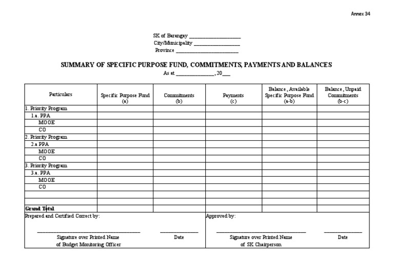 Summary of Specific Purpose Fund, Commitments, Payments and Balances | PDF