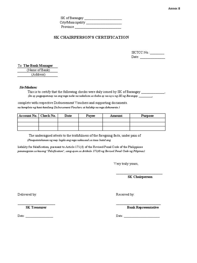 SK Chairperson'S Certification: Sir/Madam | PDF
