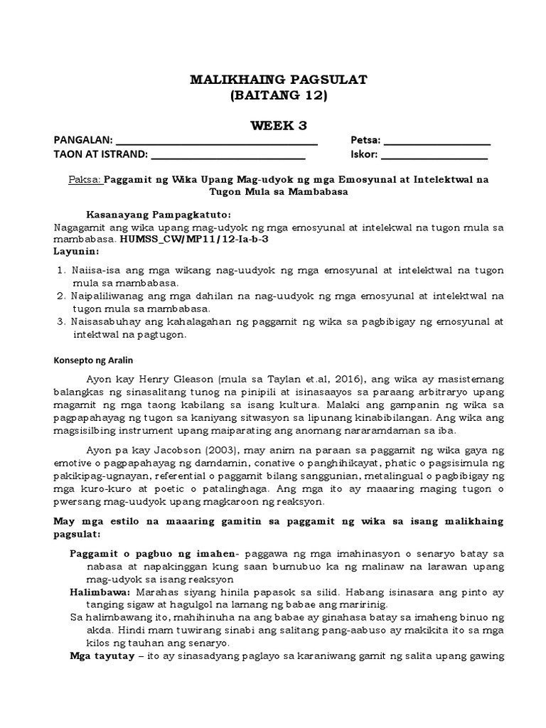 Activity-sheets-format-for-1st-gradingMalikhaing Pagsulat - Week3 | PDF