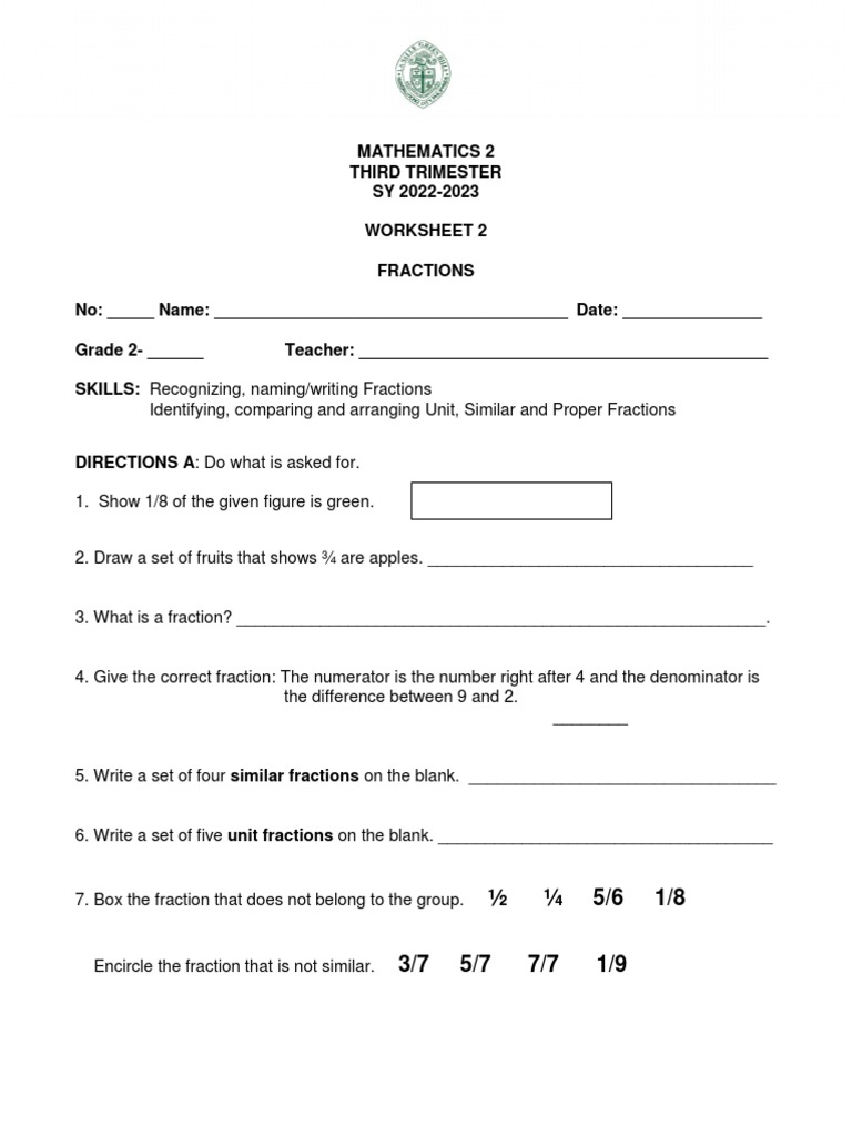 MATH 2 - WORKSHEET 2 For LESSON 2 On Fractions - T3 - 2122 | PDF | Division (Mathematics ...