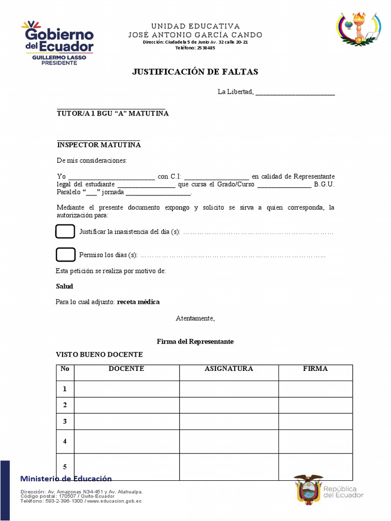 Justificación de Faltas: Unidad Educativa José Antonio García Cando | PDF