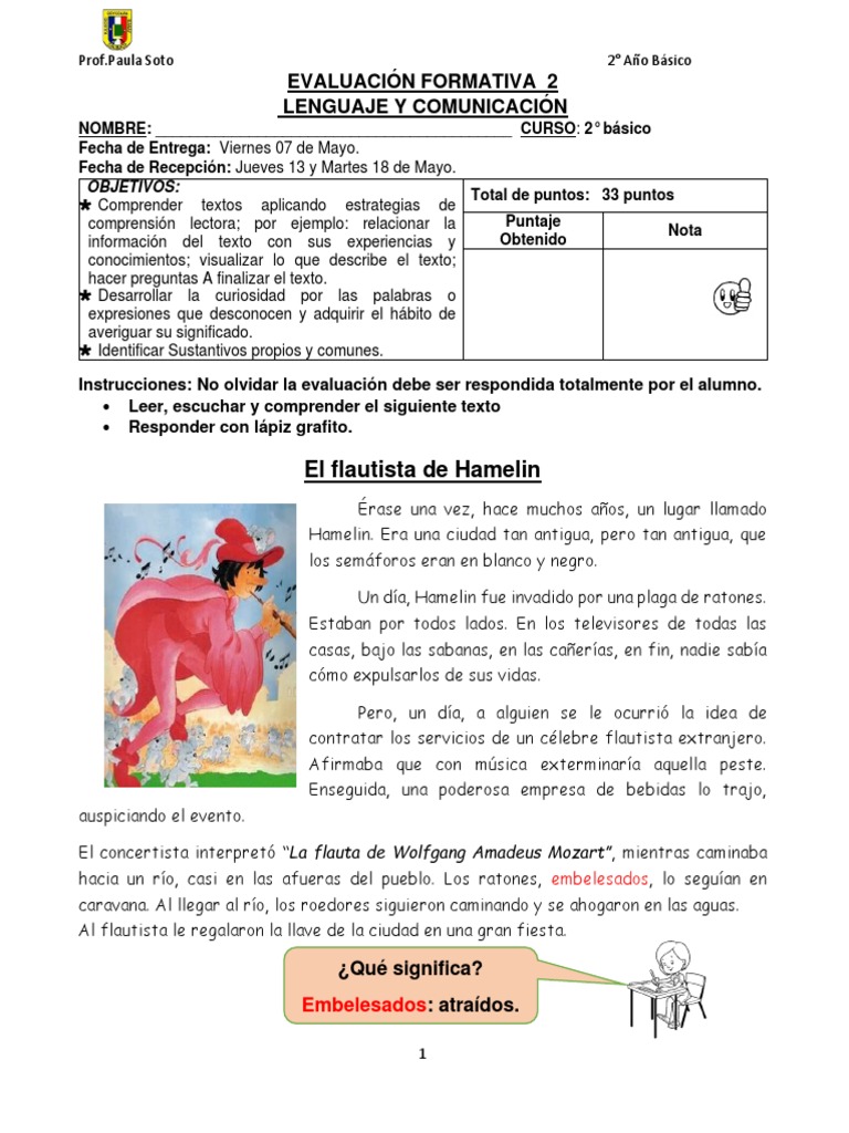 Evaluacion Sumativa 2 Lenguaje 2° Básico Abril 2021 Pdf Flauta 2123
