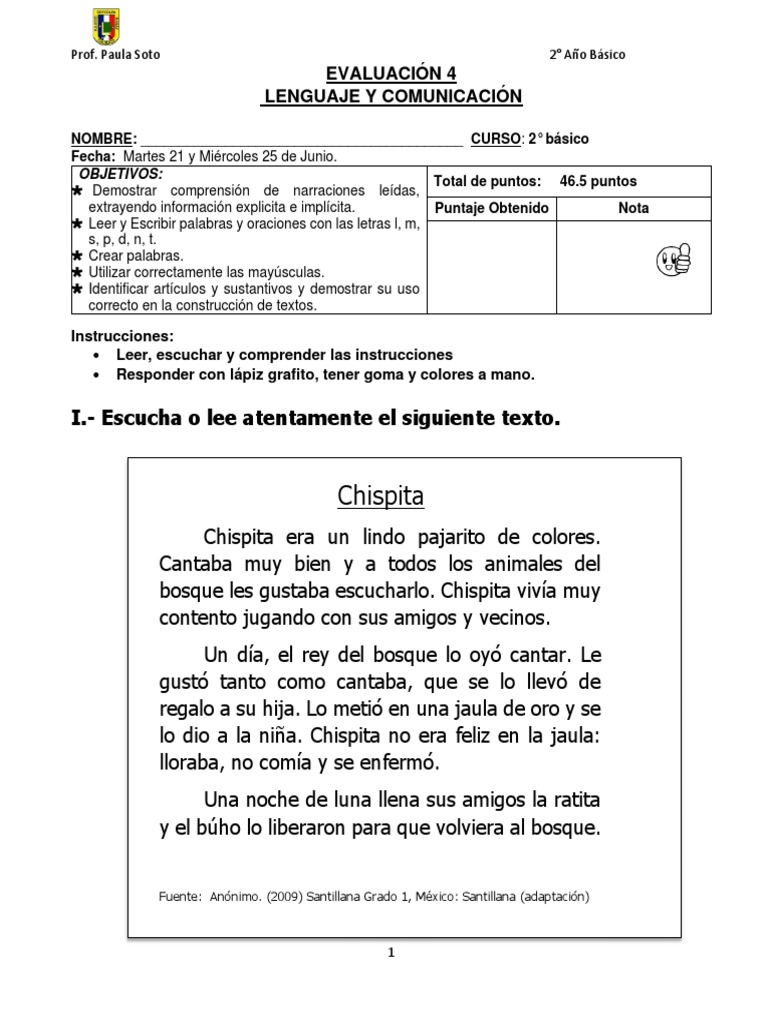 Evaluacion Sumativa 4 Lenguaje 2° Básico Septiembre 2021 Pdf 3345