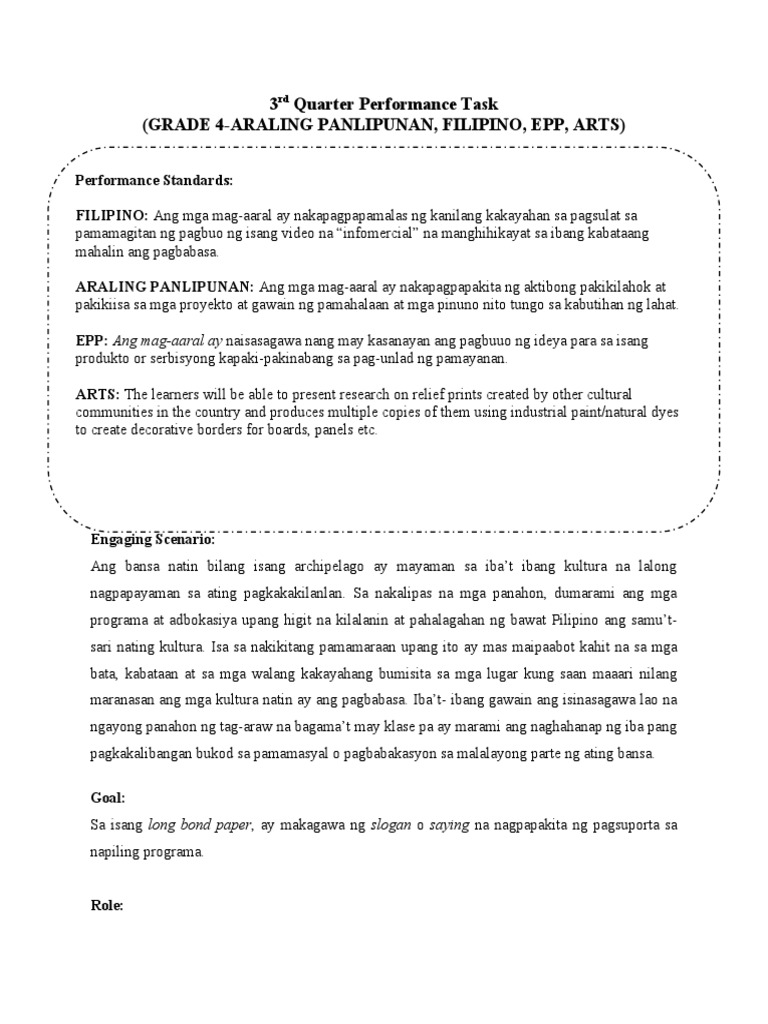 3rd Quarter Performance Task-Filipino4-EPP4-AP4-Arts4 | PDF