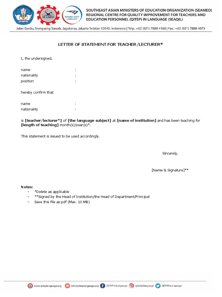 (For Teachers - Lecturers) Form Letter of Statement and Declaration | PDF