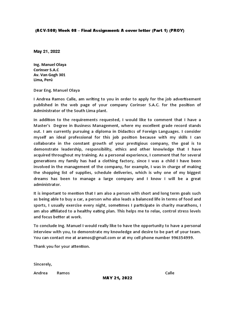 (ACV-S08) Week 08 - Final Assignment A Cover Letter (Part 1) (PROY) | PDF
