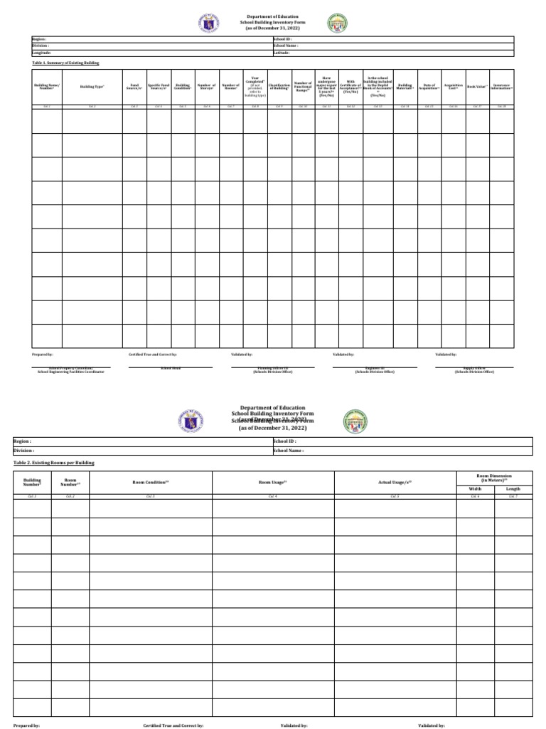 Department of Education School Building Inventory Form (As of December ...