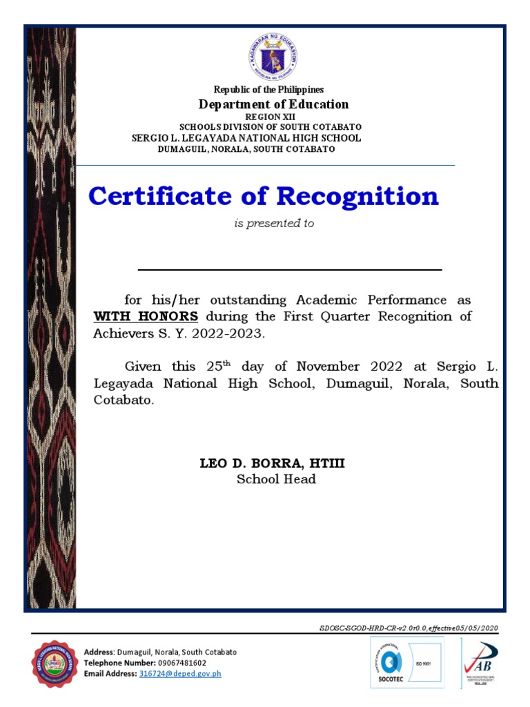 Certificate of Recognition Honors | PDF