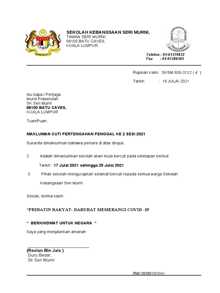 CONTOH SURAT Makluman Cuti | PDF