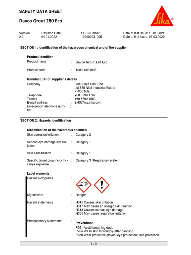 Davco Grout 280 Eco Sds en My | PDF | Dangerous Goods | Toxicity