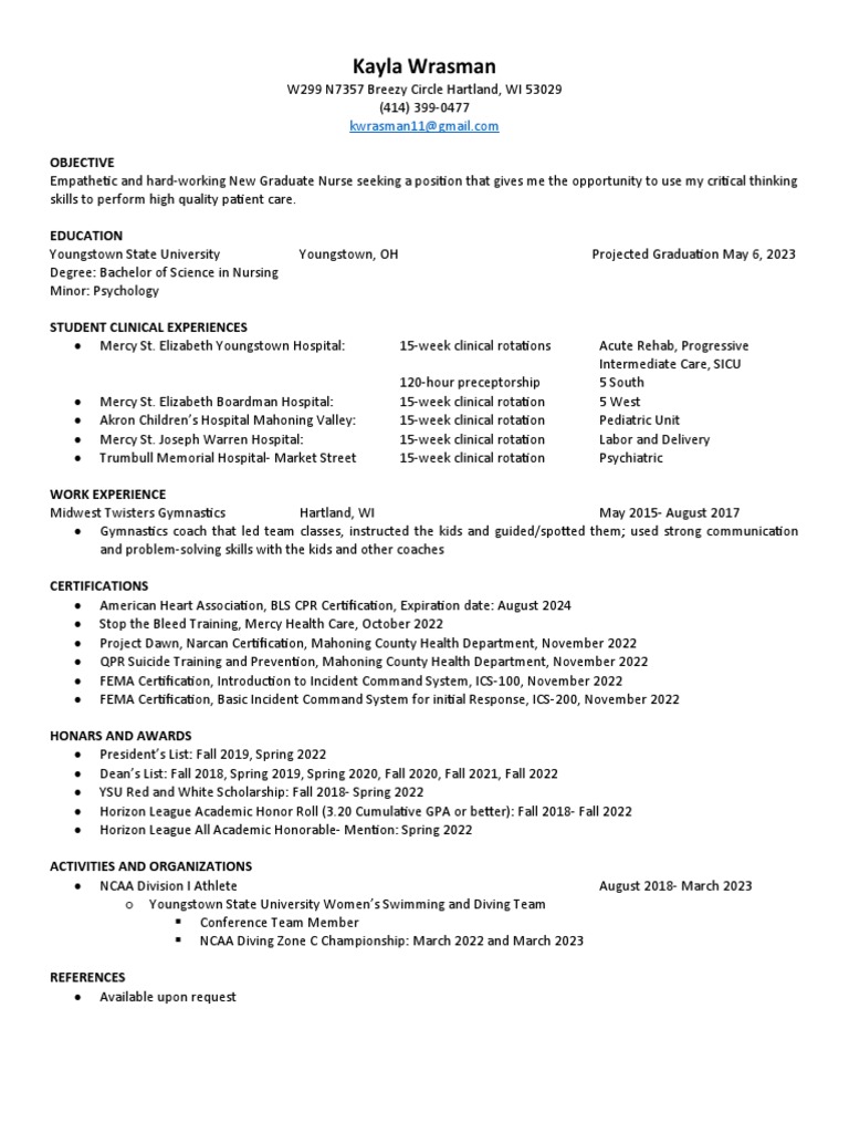 Kayla Wrasman Nursing Resume | PDF | Nursing | Youngstown