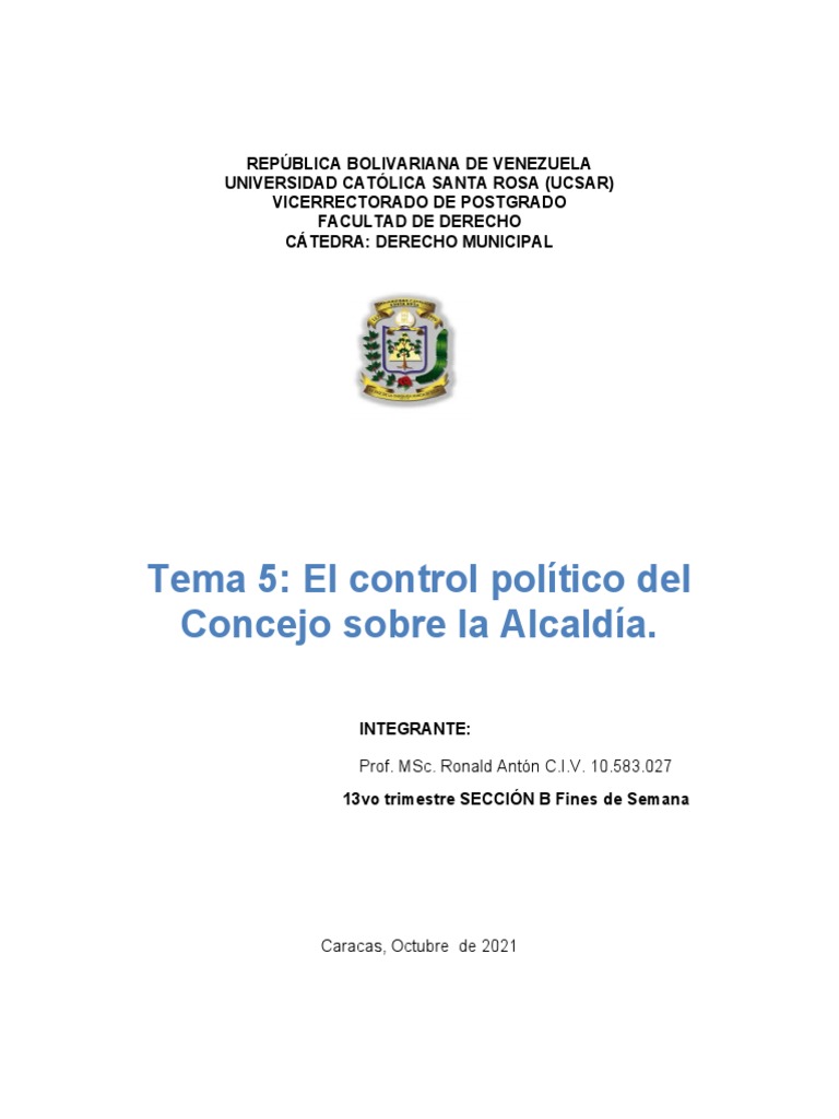 Trabajo Tema 5 Derecho Municipal Ronald Anton | PDF | Alcalde | Gobierno local
